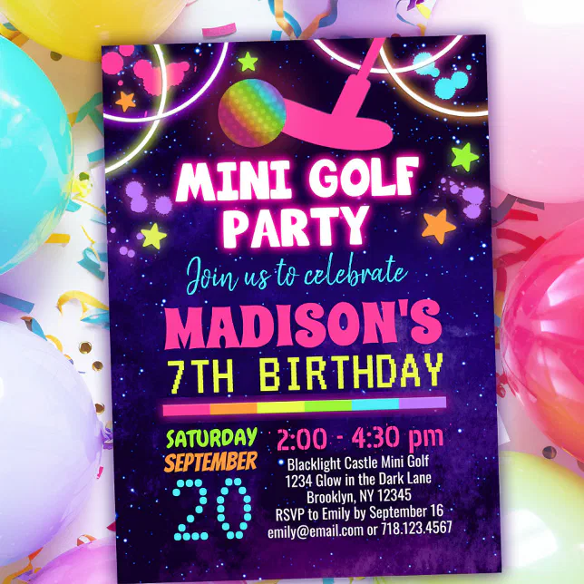 Glow Mini Golf Birthday Party Invitation | Zazzle