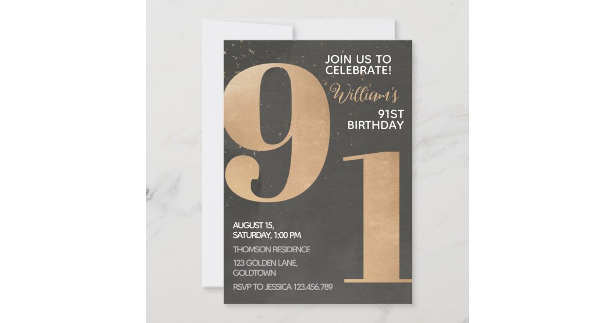 Gold Black 91st Birthday Invitation | Zazzle