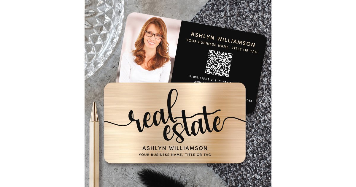 Gold Black Real Estate Agent QR Code Photo Broker Business Card | Zazzle