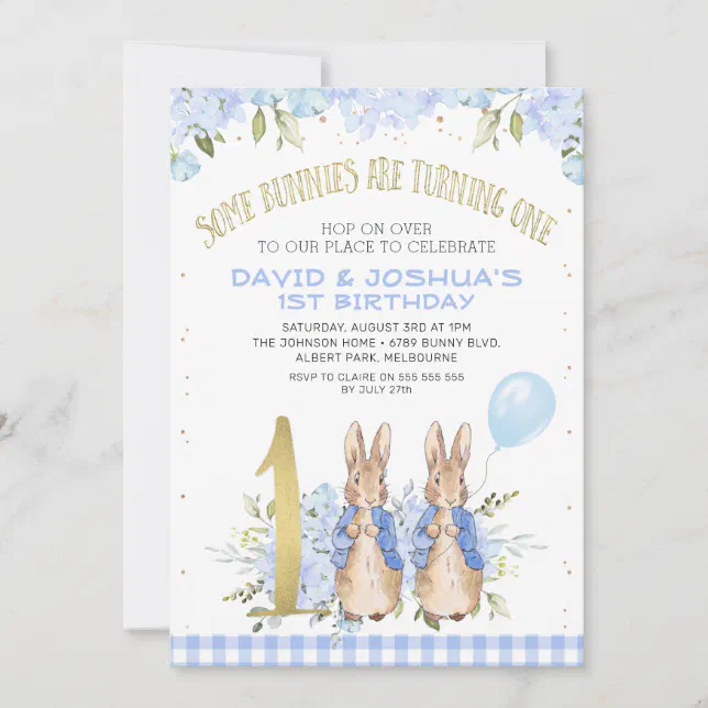 Gold Blue Twins Floral Peter Rabbit 1st Birthday Invitation | Zazzle