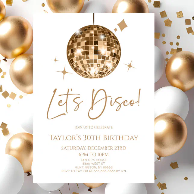 Gold Disco Ball Let's Disco Birthday Party Invitation | Zazzle