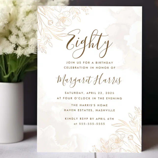 Gold Floral Leaves Border 80th Eighty Birthday Invitation | Zazzle