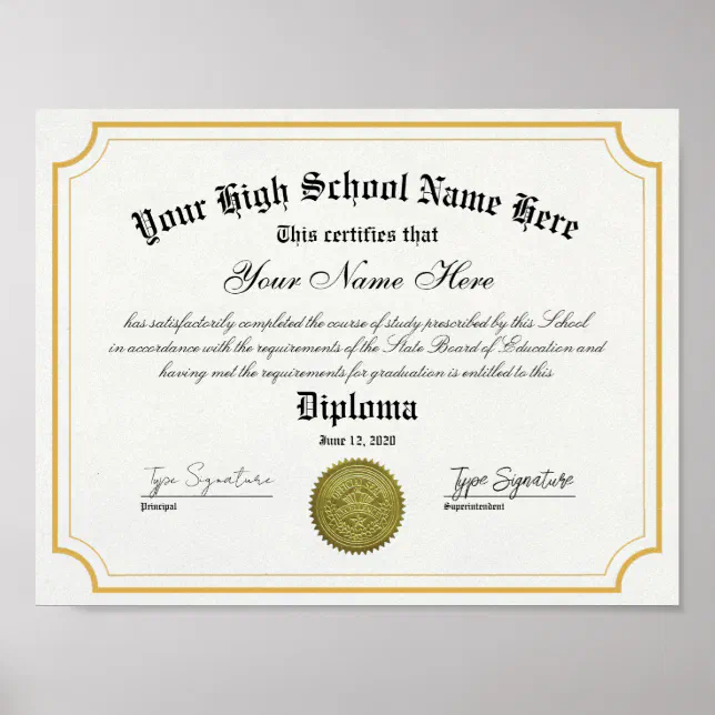 Gold frame High School graduate Diploma Poster | Zazzle