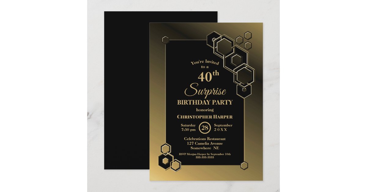 Gold Geometric Border Surprise 40th Birthday Party Invitation | Zazzle