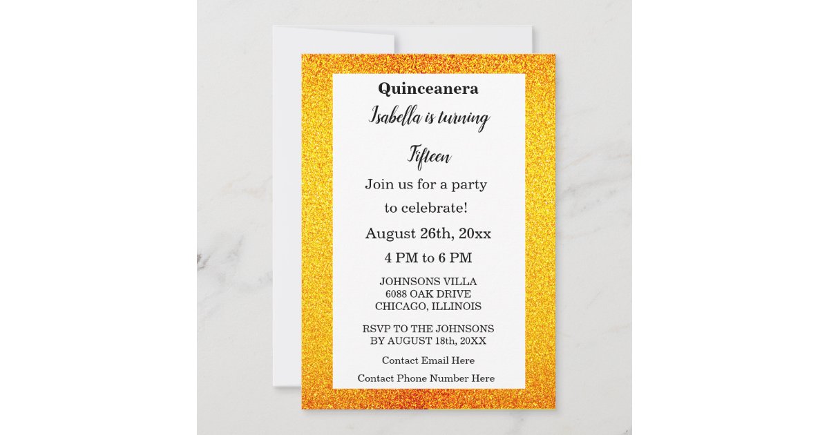 Gold Glitter Black Text Quinceanera 15th Birthday Invitation | Zazzle