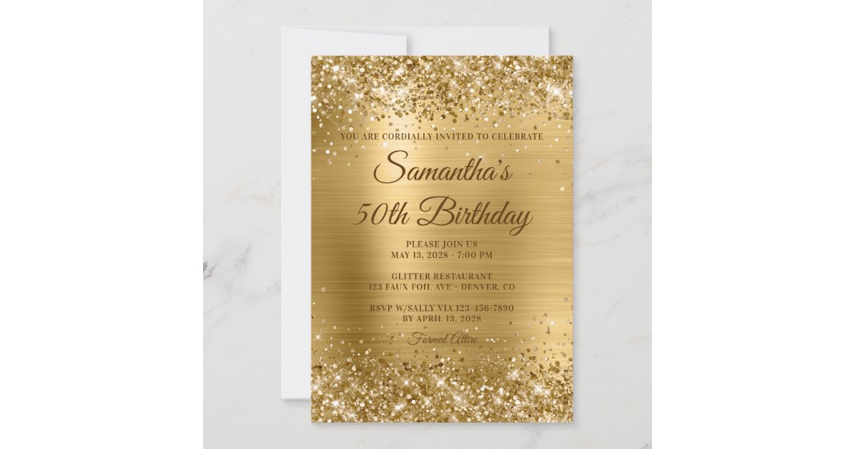 Gold Glitter Foil Golden Brown Text 50th Birthday Invitation | Zazzle