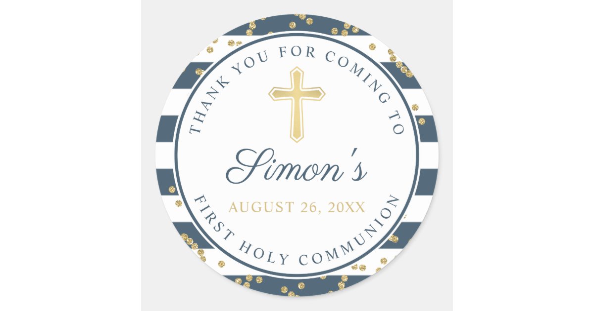 Gold Glitter Navy Blue First Holy Communion Classic Round Sticker | Zazzle