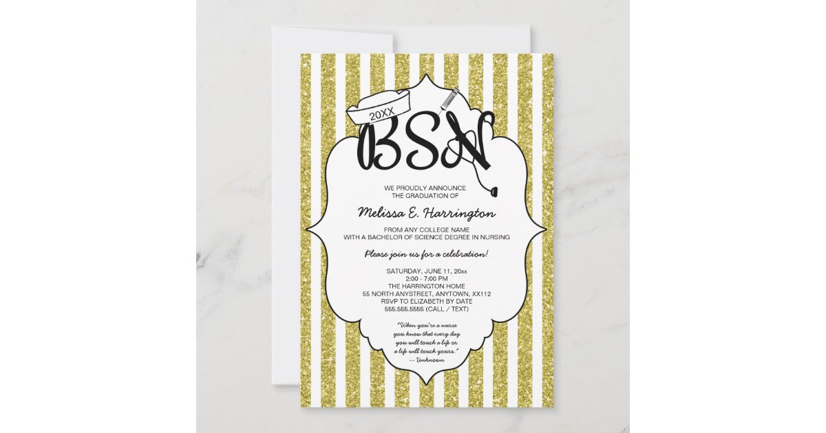 Gold Glitter Nurse BSN pinning ceremony Invitation | Zazzle