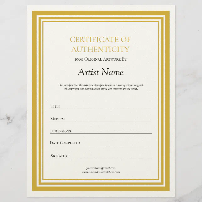 Gold Letter Certificate of Authenticity Template Custom Letterhead | Zazzle