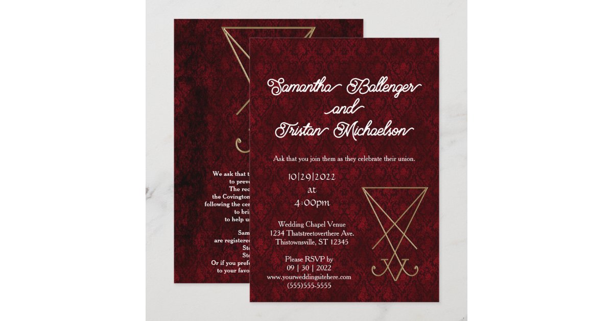 Gold Lucifer Sigil on Red Damask Satanic Wedding Invitation | Zazzle