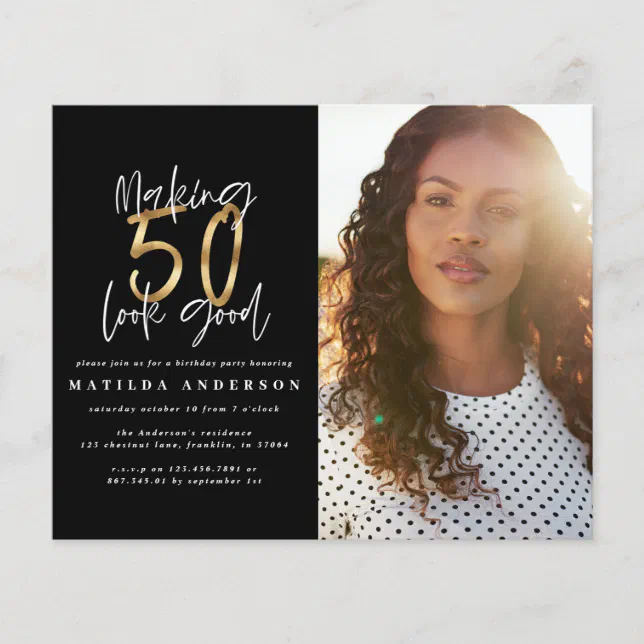Gold making 50 look good photo birthday invitation | Zazzle