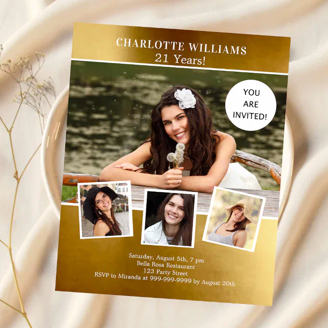 Gold photo collage birthday invitation | Zazzle