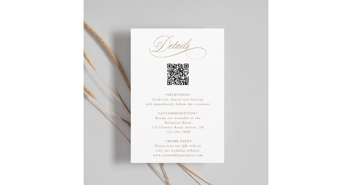 Gold Romantic Calligraphy QR Code Wedding Details Enclosure Card | Zazzle