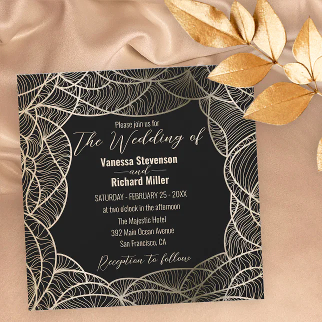 Golden Elegant Luxurious Line Art Motif Wedding Invitation | Zazzle