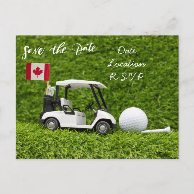 Golf save the date with golf cart Flag of Canada Postcard | Zazzle