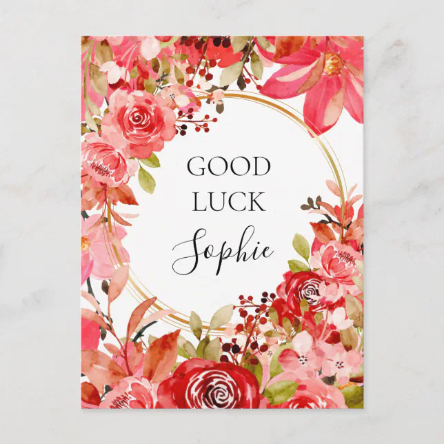 Good Luck Custom Pink Floral Gold Frame Postcard | Zazzle