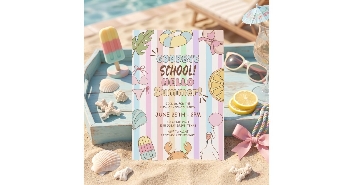 Goodbye School Hello Summer Party Stripes Invitation | Zazzle