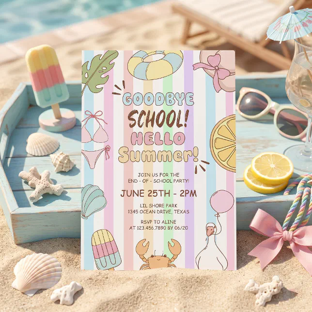 Goodbye School Hello Summer Party Stripes Invitation | Zazzle