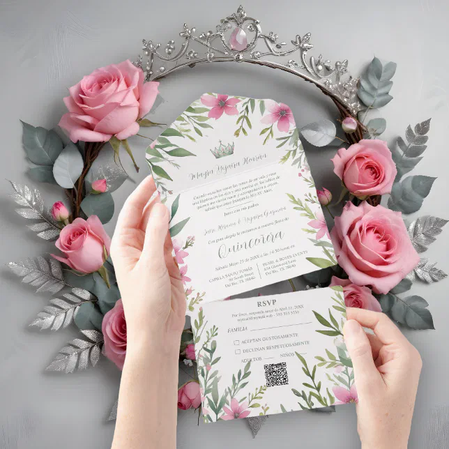 Gorgeous Romantic Pink & Green Princess Tiara All In One Invitation ...