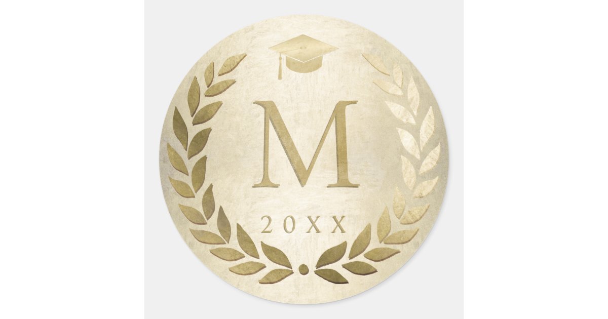 Graduation Gold Laurel Wreath Grad Cap 2023 Classic Round Sticker | Zazzle