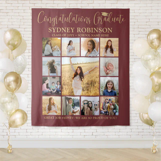 Graduation Photo Collage Burgundy & Gold Backdrop Tapestry | Zazzle
