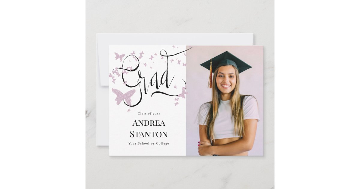 Graduation Pink Butterflies Grad Calligraphy Chic Invitation | Zazzle