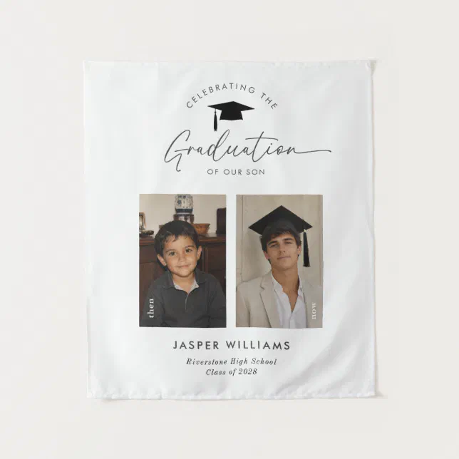 Graduation Then and Now Boy 2 Photo Welcome Tapestry | Zazzle