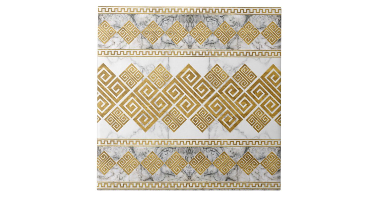 Greek Meander - Greek Key White Marble and Gold Ceramic Tile | Zazzle