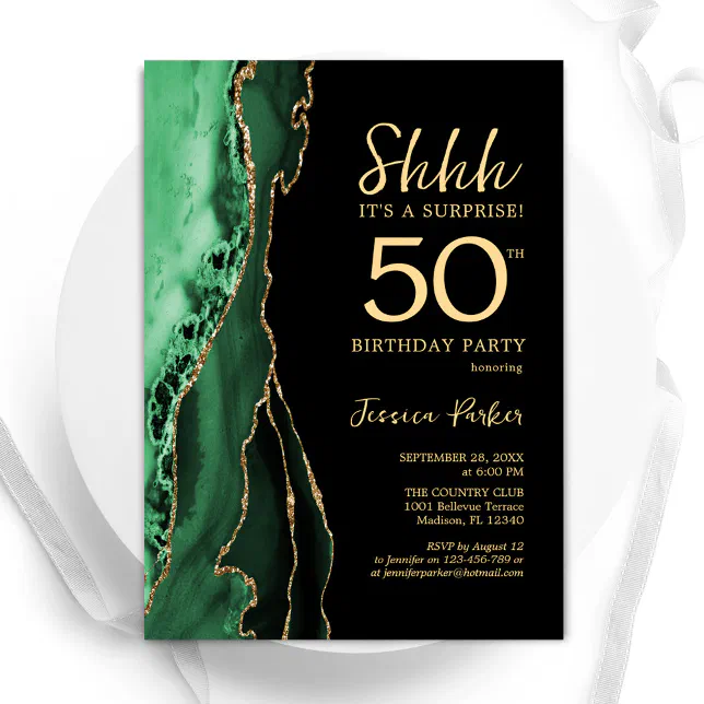 Green Black Gold Agate Surprise 50th Birthday Invitation | Zazzle