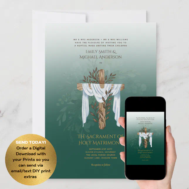Green Cross Catholic Nuptial Mass Wedding Invitation | Zazzle