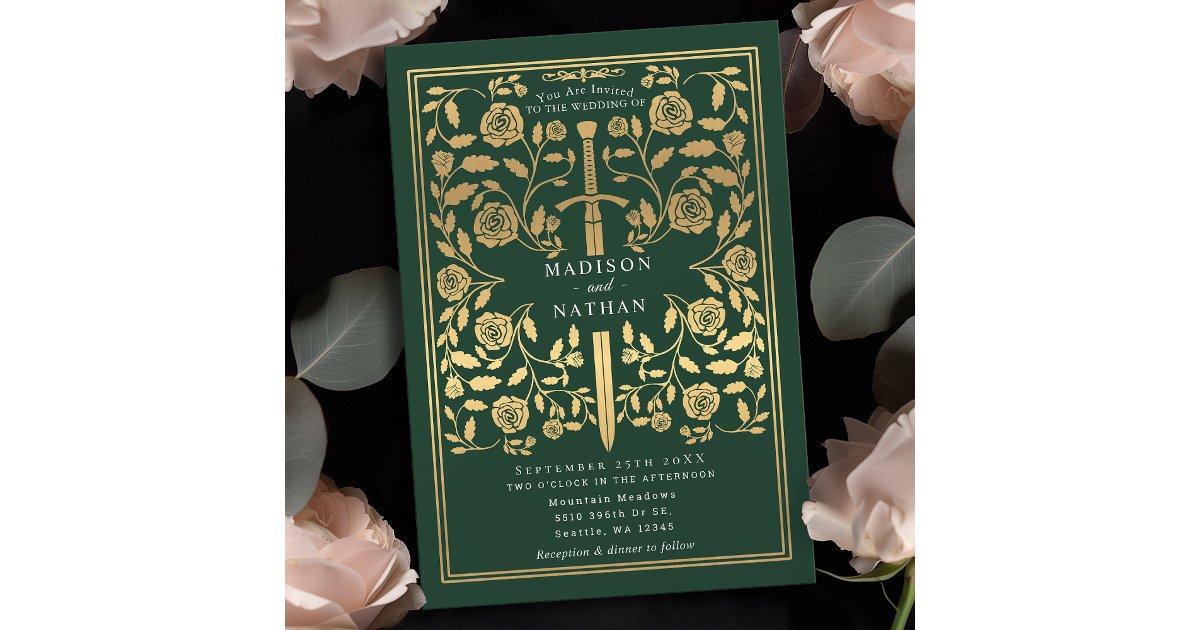 Green Royal Mediaeval Gold Sword Wedding Invitatio Invitation | Zazzle
