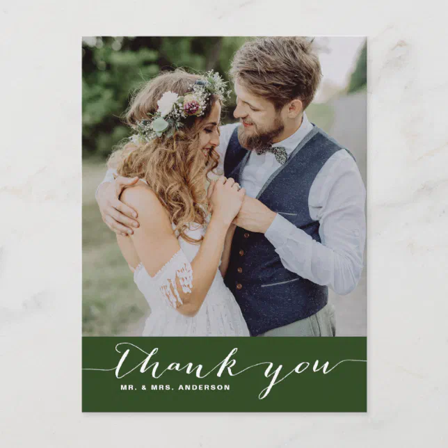 Green | Script Wedding Thank You Vertical Postcard | Zazzle