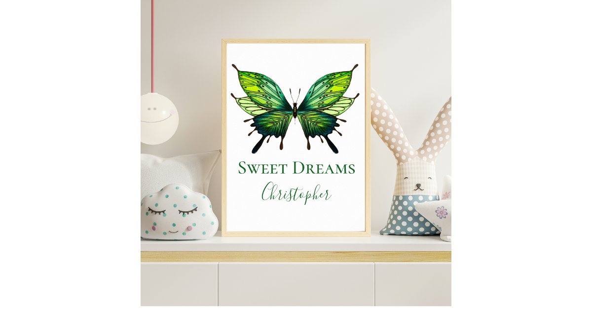 Green Watercolor Butterfly Nursery Wall Art Poster | Zazzle