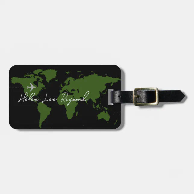 Green World Map with Name to identify Baggage Luggage Tag | Zazzle