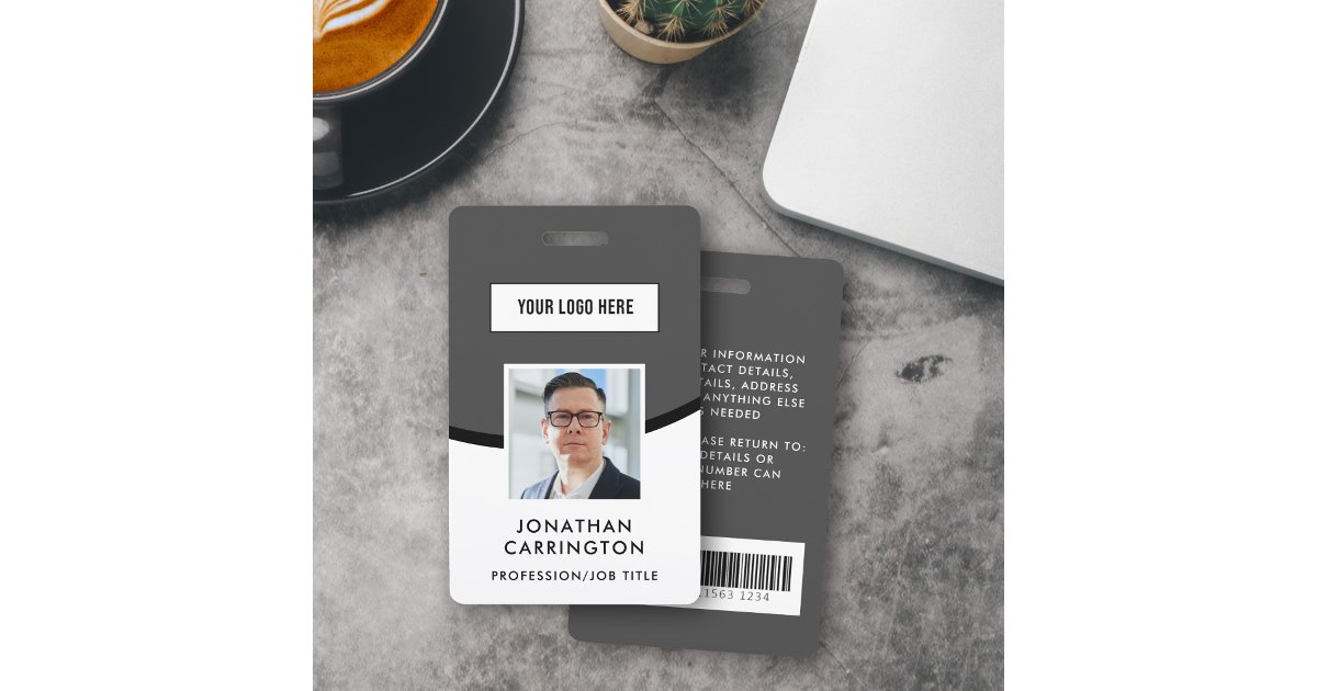 Grey Employee ID Logo Photo Barcode Badge ID Badge | Zazzle
