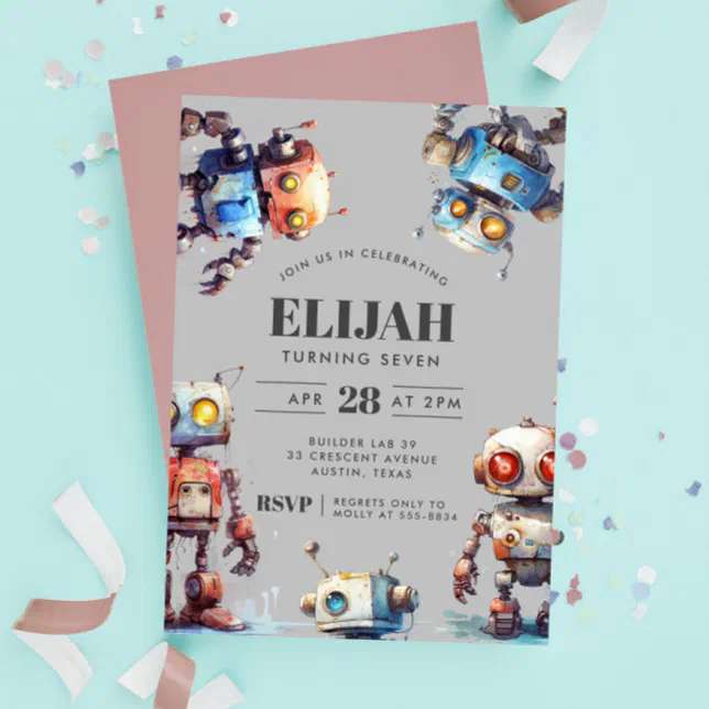 Grey Robots Tech Gear Builder Birthday Party Invitation | Zazzle