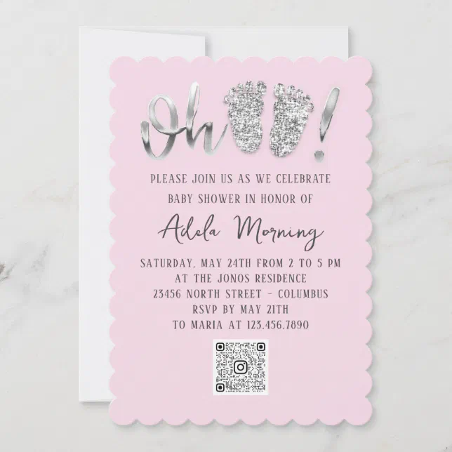 Grey Silver Glitter Feet Baby Girl QR CODE Pink Invitation | Zazzle
