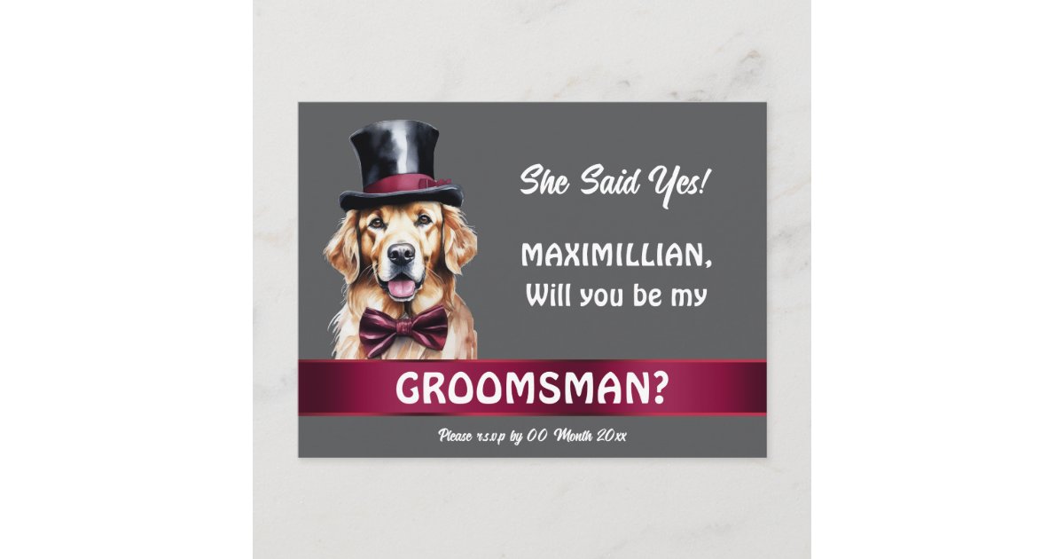 Groomsman golden retriever grooms proposal wedding postcard | Zazzle