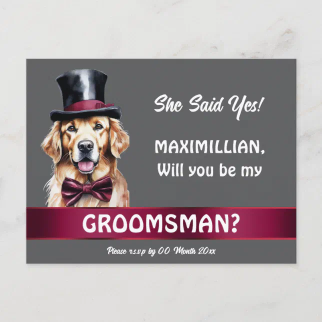 Groomsman golden retriever grooms proposal wedding postcard | Zazzle