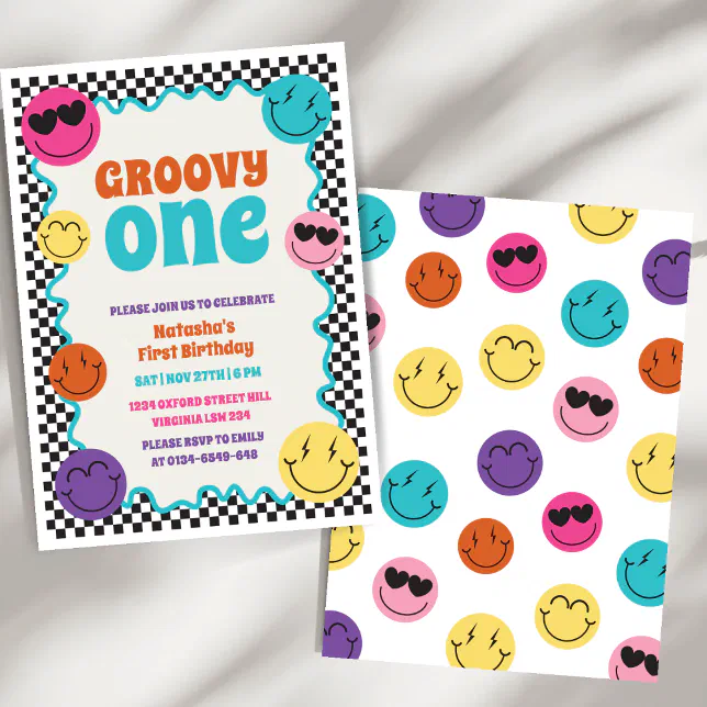 Groovy One Colourful Retro Smiles First Birthday Invitation | Zazzle