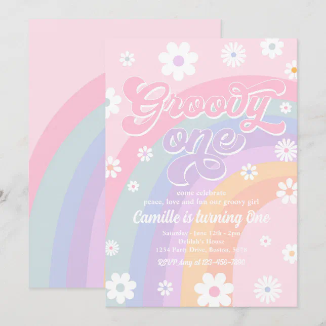 Groovy One Retro Daisy Pastel Rainbow Birthday Invitation | Zazzle
