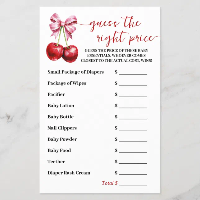 Guess Right Price Cherry Coquette Baby Shower Game Flyer | Zazzle
