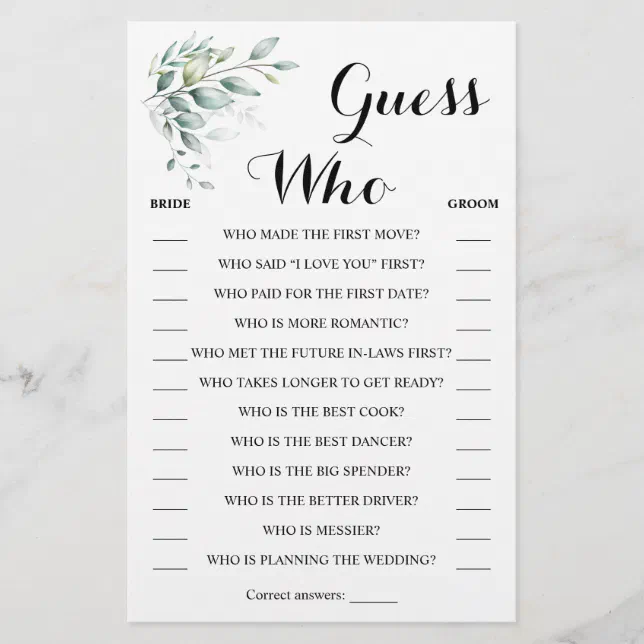 Guess Who Greenery Eucalyptus Shower Game Card | Zazzle