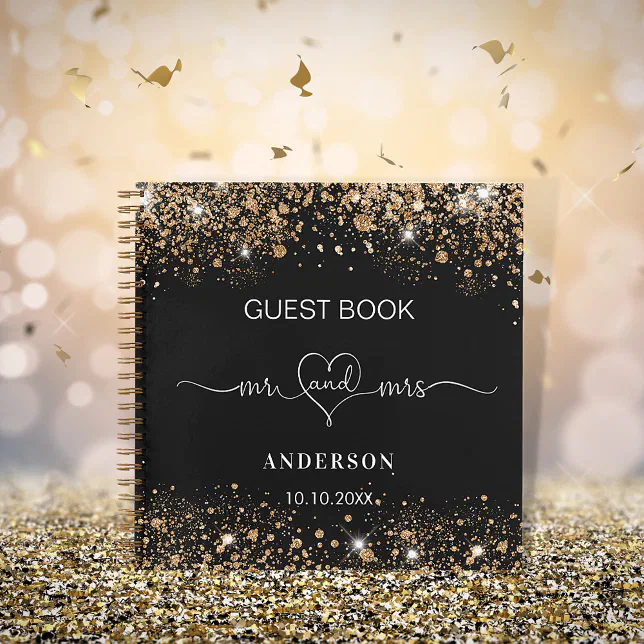 Guest book wedding black gold glitter mr mrs heart | Zazzle