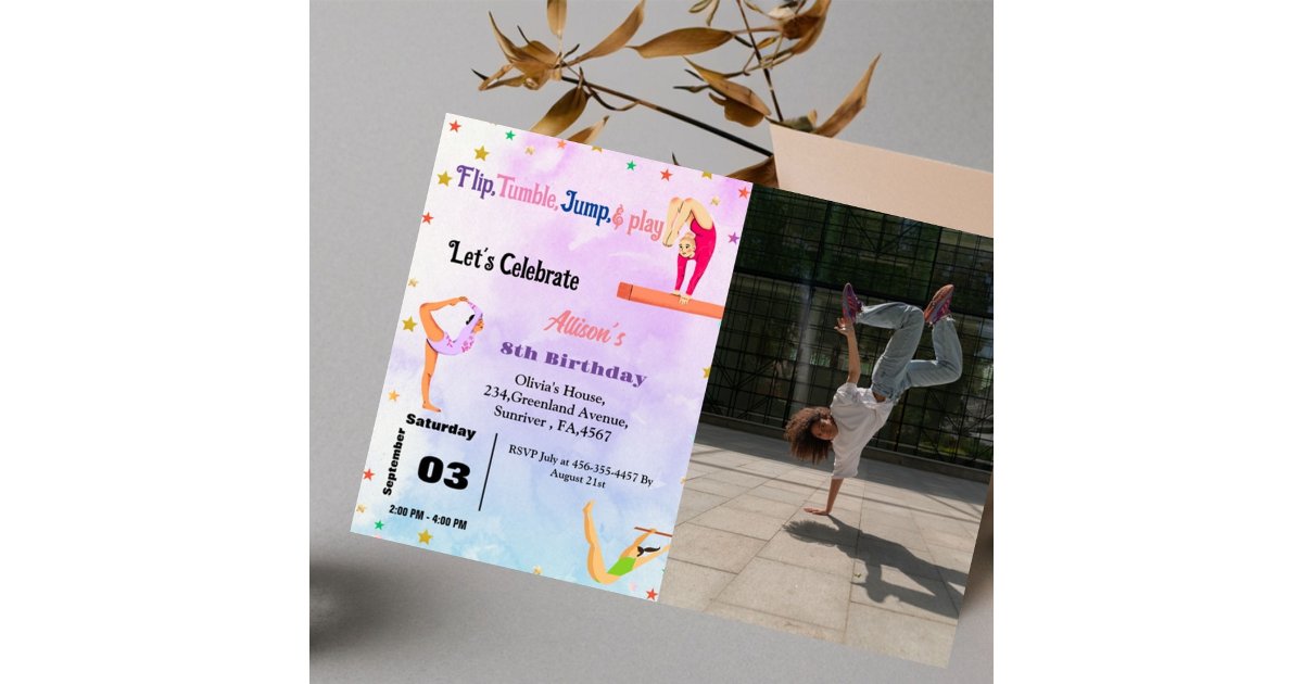 Gymnastics Cartwheels girl birthday party Invitation | Zazzle