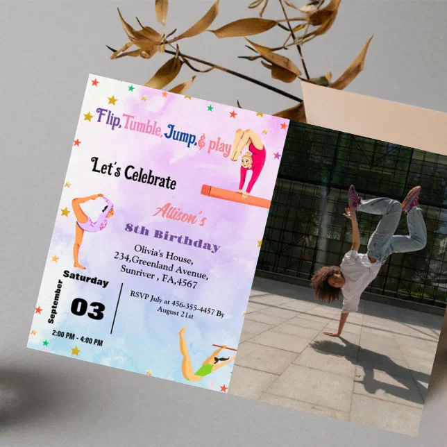 Gymnastics Cartwheels girl birthday party Invitation | Zazzle