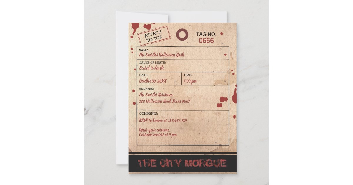 Halloween Bash Adult Toe Tag Morgue Blood Party Invitation | Zazzle