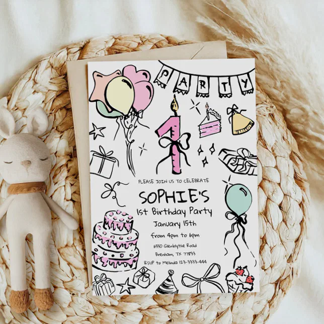 Hand Drawn 1st Birthday Invite, Doodle Birthday In Invitation | Zazzle