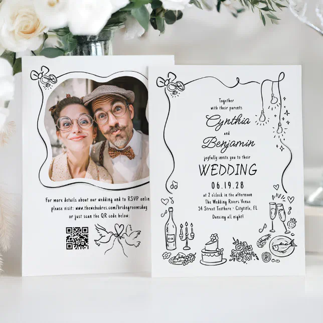 Hand Drawn Doodles Whimsical Wedding Photo Invitation | Zazzle