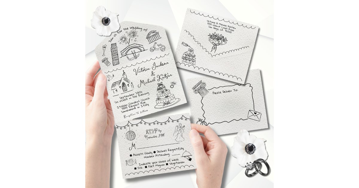 Hand Drawn funky Italy doodle wedding All In One Invitation | Zazzle